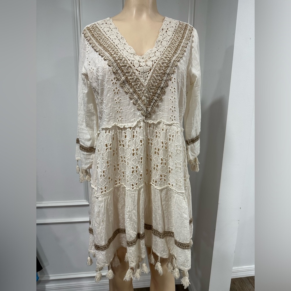 Me 2 Magic Dress Beige Eyelet & Fringe Boho Western S… - Gem